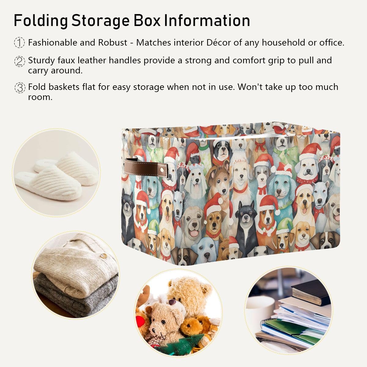 Storage Basket Christmas Dog Large Collapsible Storage Baskets Bins with Handles Cube Laundry Organizer for Nursery Home Office Pantry