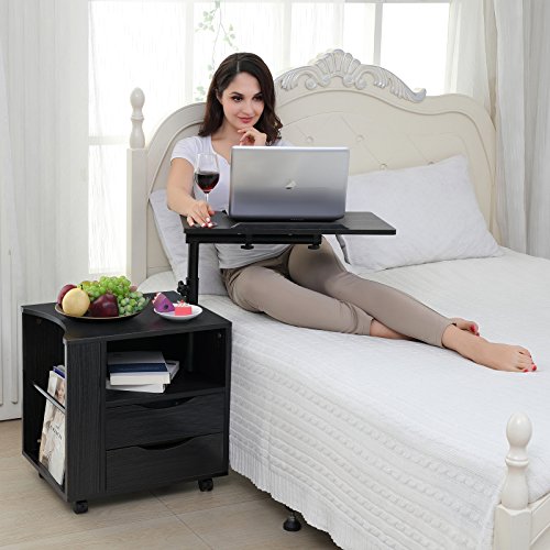 Emall Life Upgraded Multifunctional Height Adjustable Overbed End Table Wooden Nightstand with Swivel Top, Storage Drawers, Wheels and Open Shelf, 3 Colors (Black Walnut)