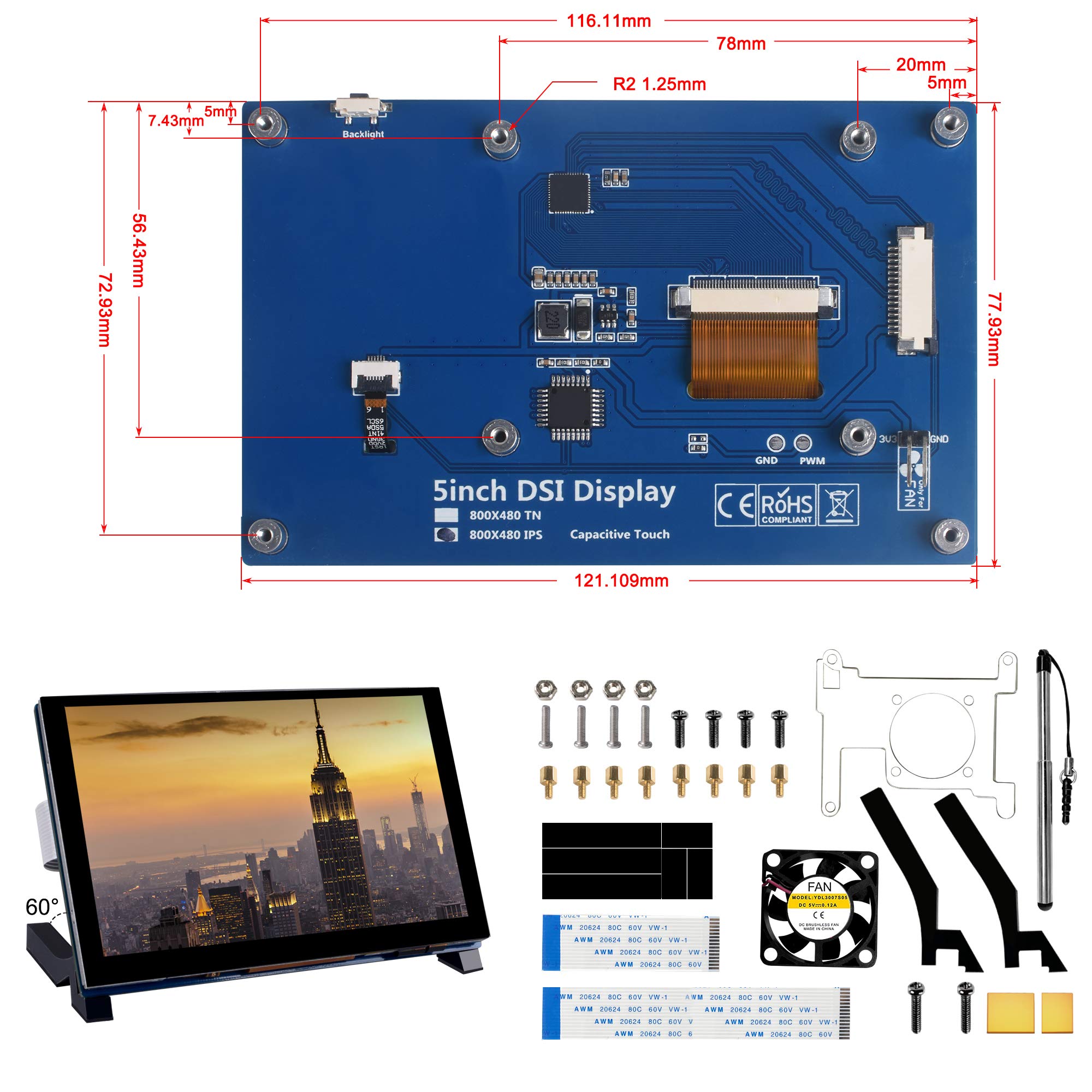 Miuzei Touchscreen with Fan, 5 inch IPS Touch Screen LCD Display, 800X480 Capacitive Monitor, DSI Connection Gaming Screen