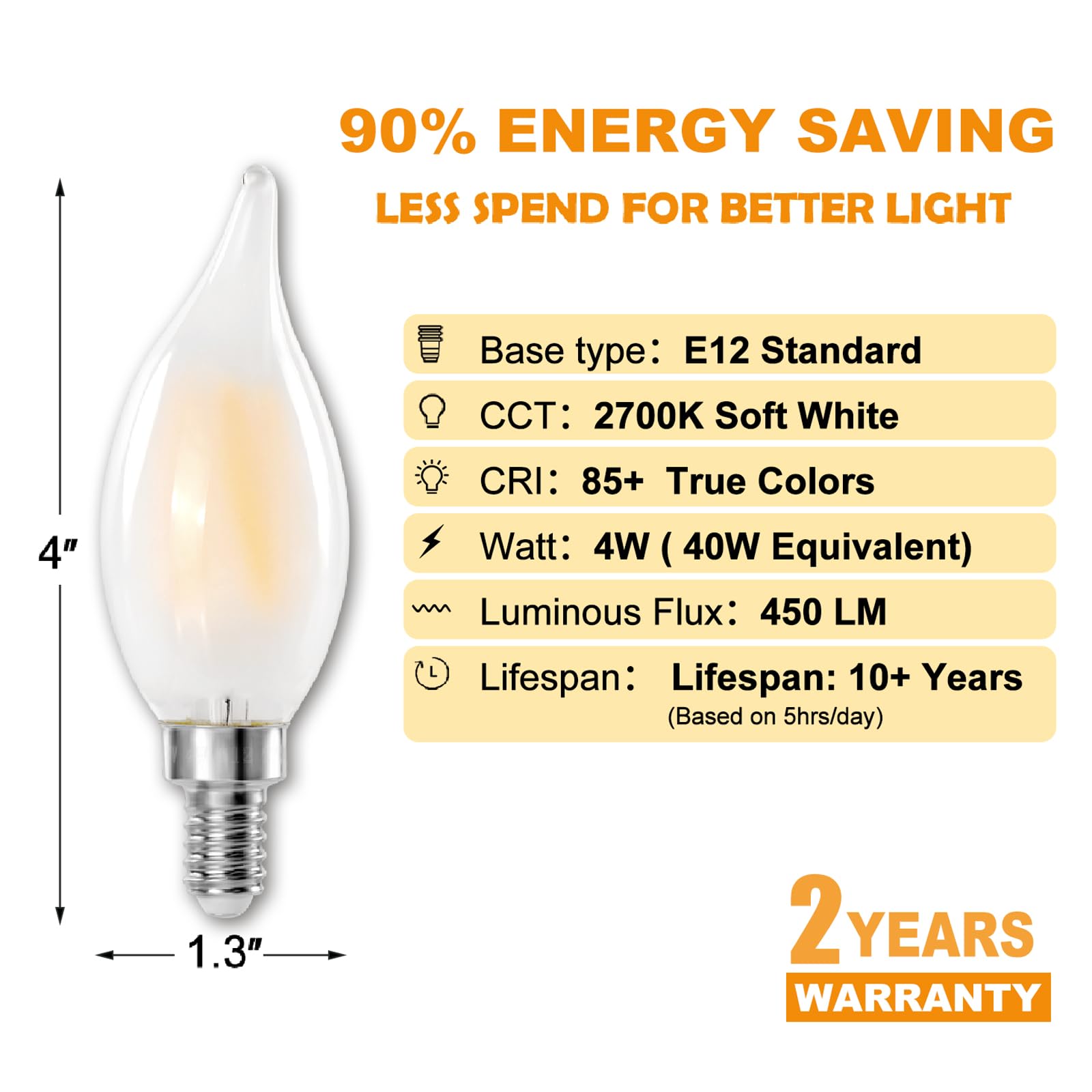 Decoaui E12 LED Chandelier Light Bulbs, 4W(40w Equivalent) Dimmable C11 Frosted Glass, 450 Lumens, 2700K Soft White, Candle Shaped, Ideal for Candelabras Open Fixtures, 12-Pack