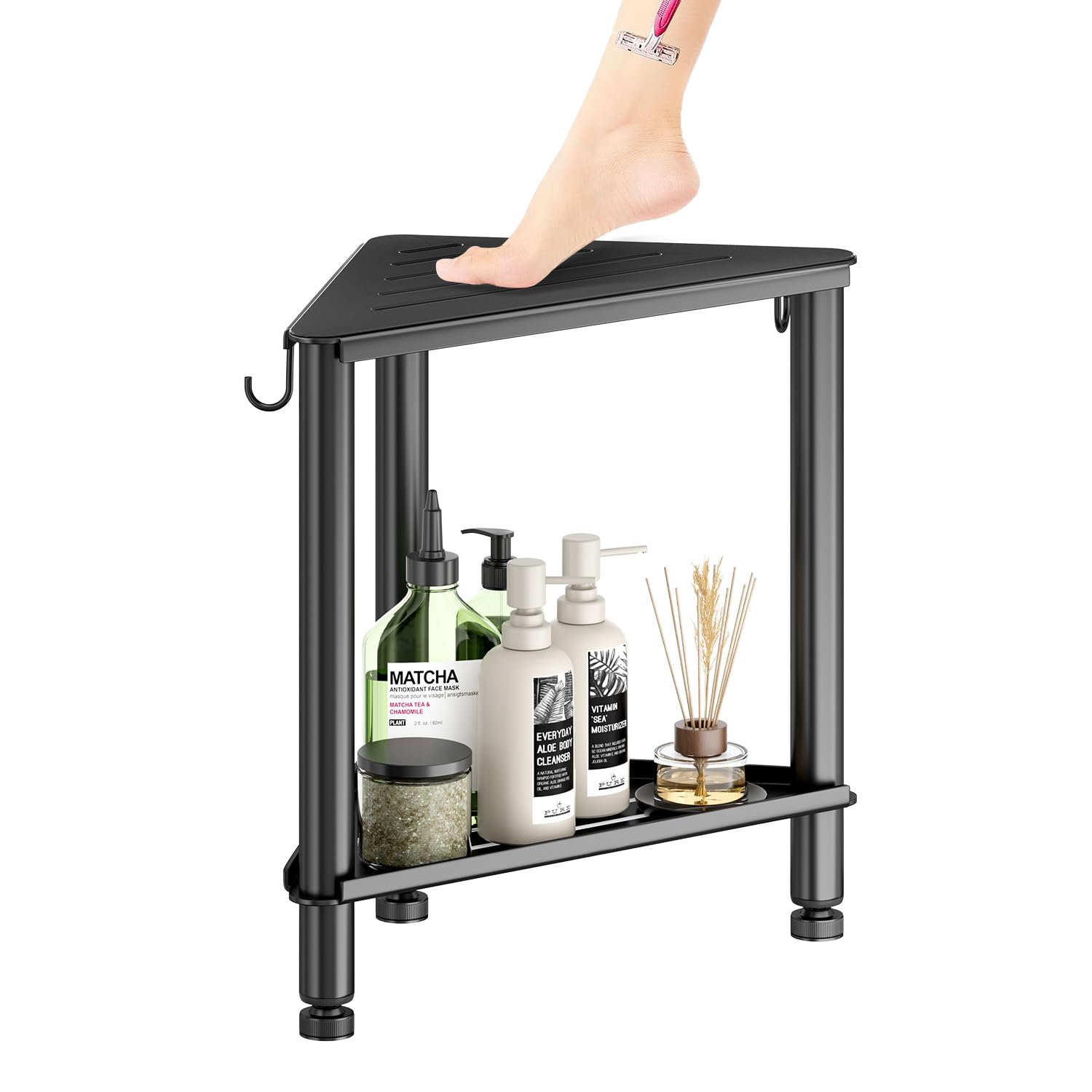XJJX Metal Corner Shower Stool for Shaving Legs,Shower Bench for Inside Shower,Corner Shower Bench with Storage Shelf,Shower Foot Rest Bench Suitable for Small Shower Spaces