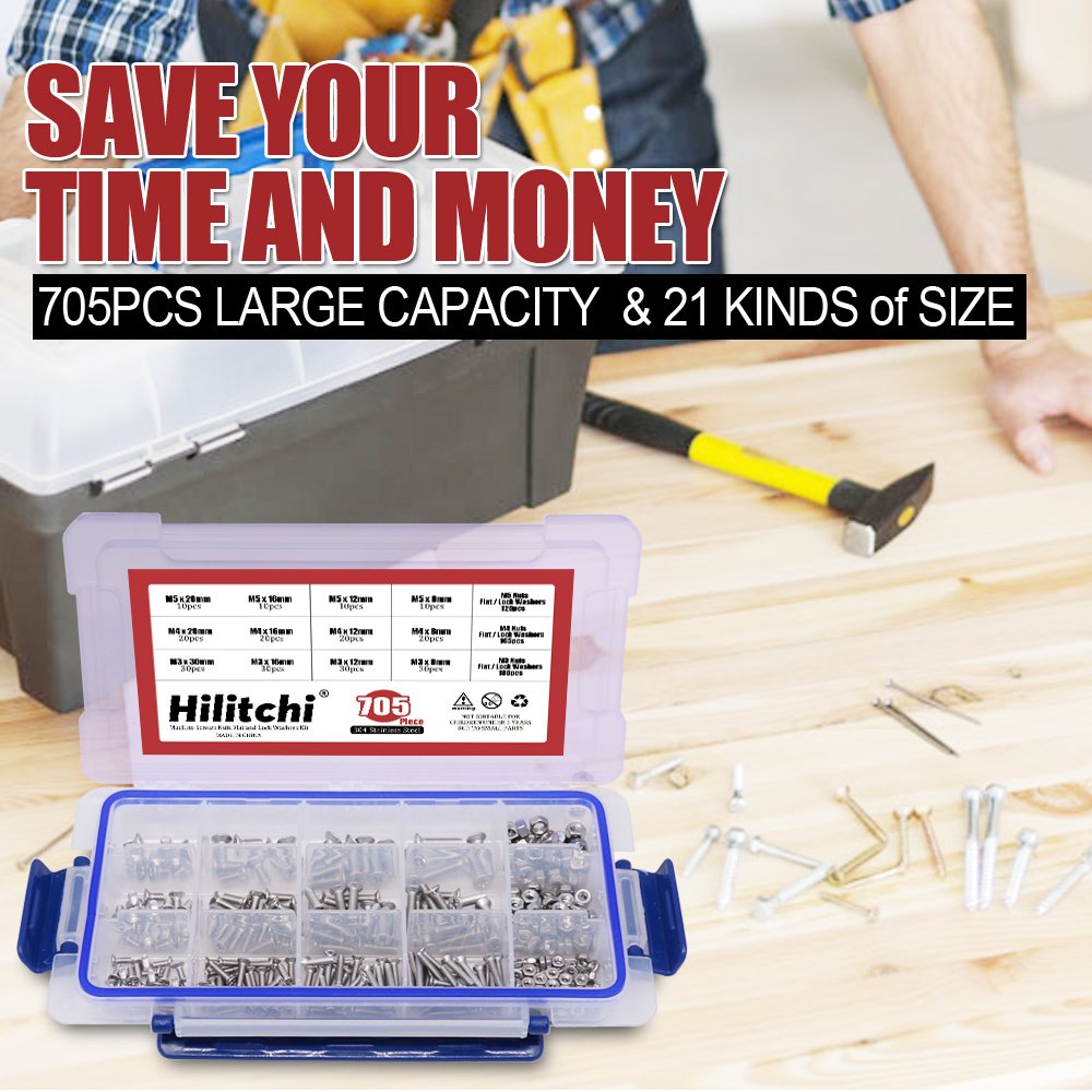 Hilitchi 705-Pcs M3 M4 M5 Phillips Flat Head Machine Screws Bolts Nuts Flat and Lock Washers Assortment Kit, 304 Stainless Steel, 8 to 20mm Length, Full Thread