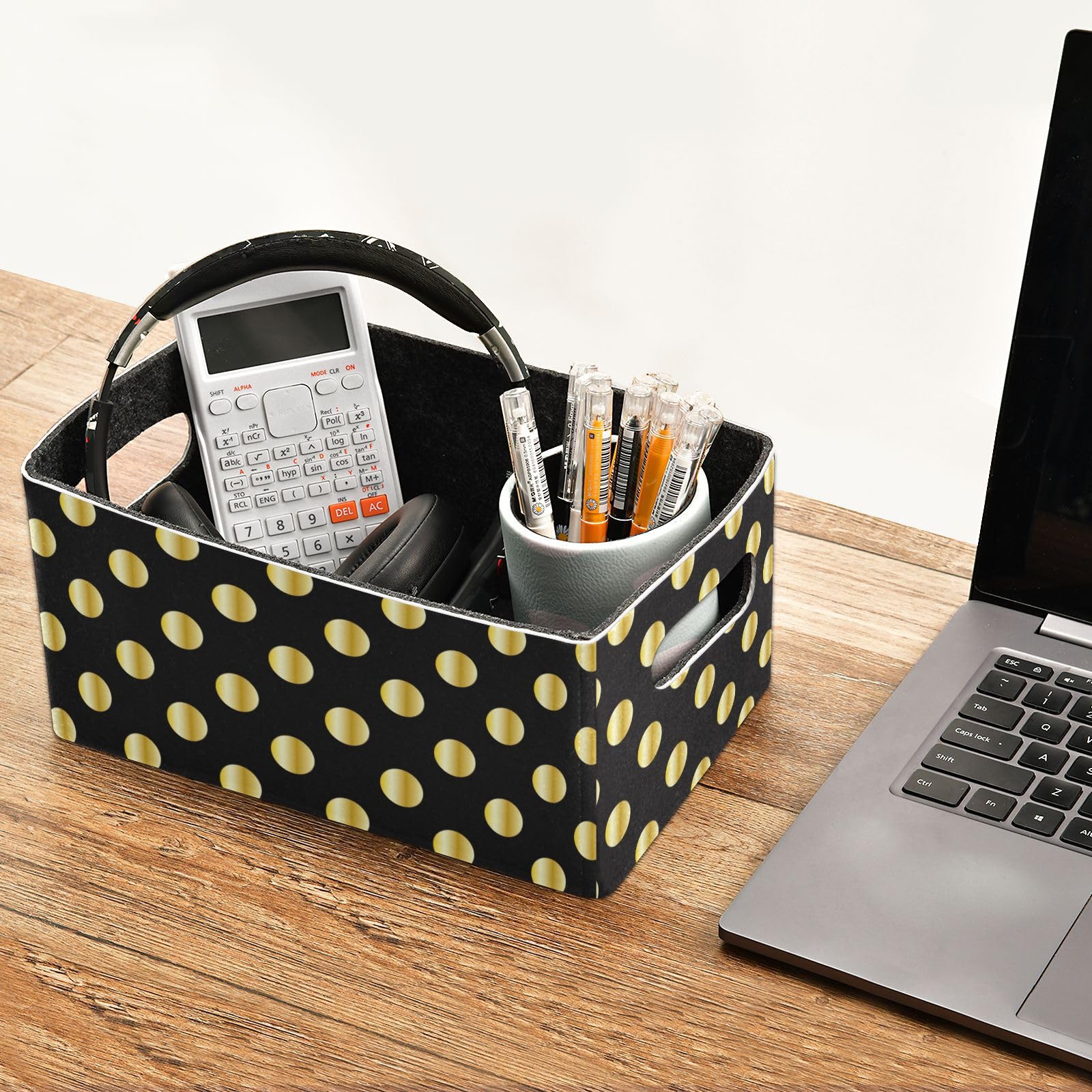 Gold Polka Dot Black Foldable Basket Rectangle Storage Bin Decorative Organizing Baskets for Shelves and Closet, Set of 2