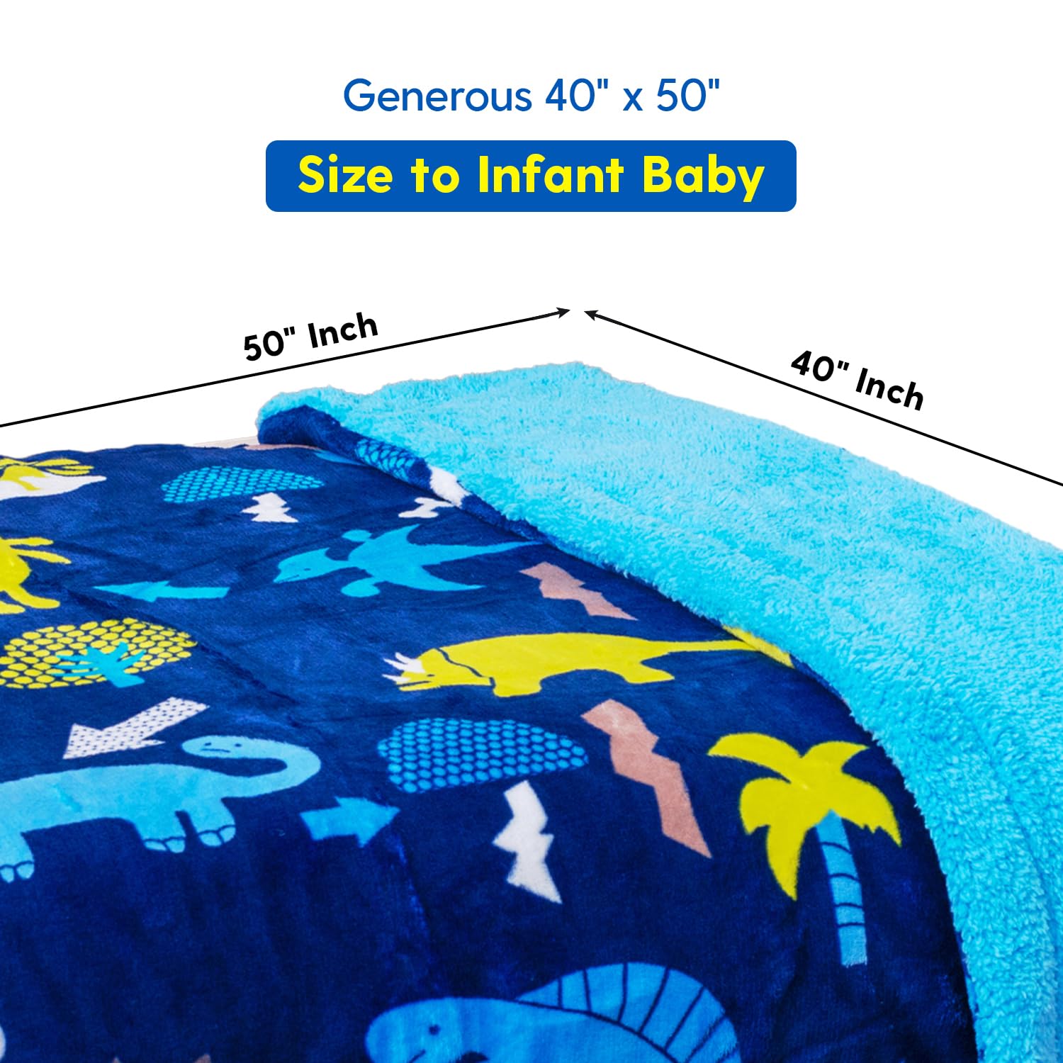 Golden Linens Baby Infants Printed Sherpa Borrego Ultra Soft Warm Throw Blanket Bed Cover 40" X 50" Navy Blue Dinosaur