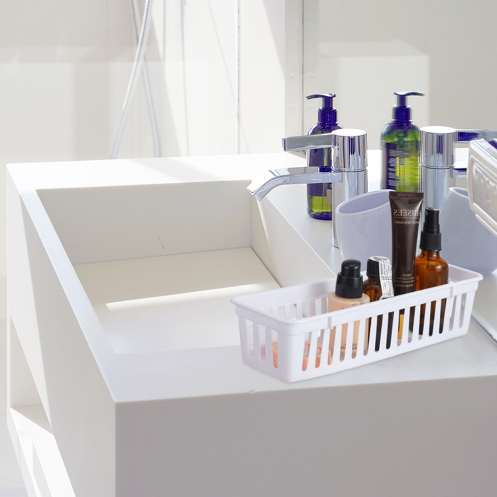 Domensi 24 Pcs Slim Plastic Storage Baskets Tray for Organizing 10.25 x 3.25 x 2.5 Inch Small Storage Bins Stackable Drawer Pencil Trays Holder for Desk Garage Office Containers(White)