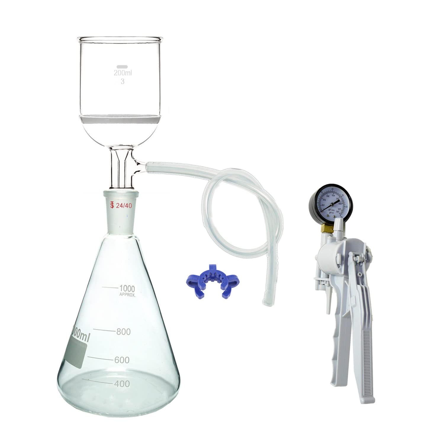 Deschem 1000ml,Vacuum Suction Filter Device,200ml Buchner Funnel,1L 24/40 Erlenmeyer Flask,with Handle Pump