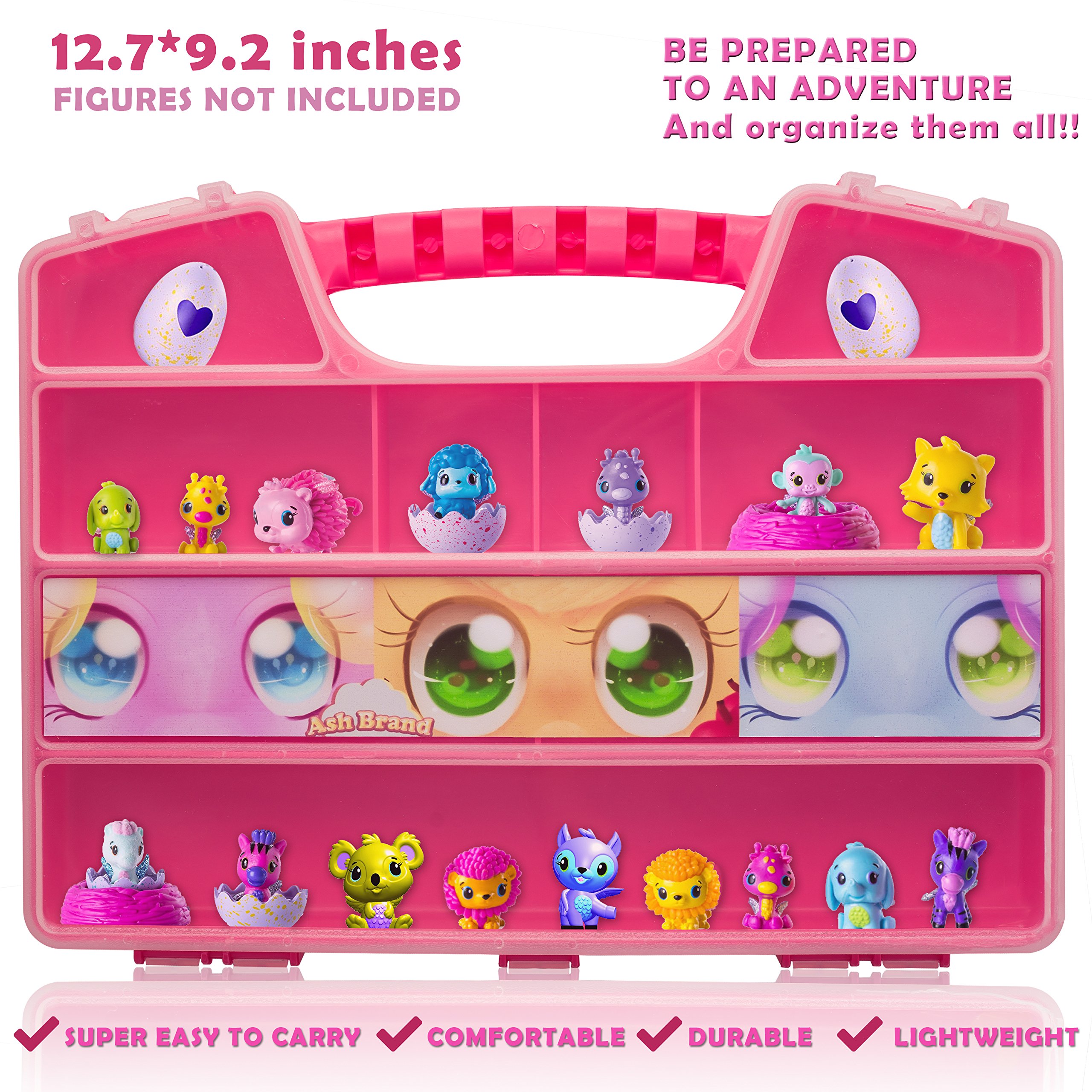 ASH BRAND DURABLE FIGURES CASE ORGANIZER BOX | Fits Up to 50 Mini Colleggtibles Eggs Toys Figurines, Miniature Characters Or Tiny figure| Large Compartments | Pink Carrying Case Box with Handle