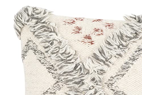 Creative Co-Op Wool Cream Kilim Pillow with Grey Fringe Accents