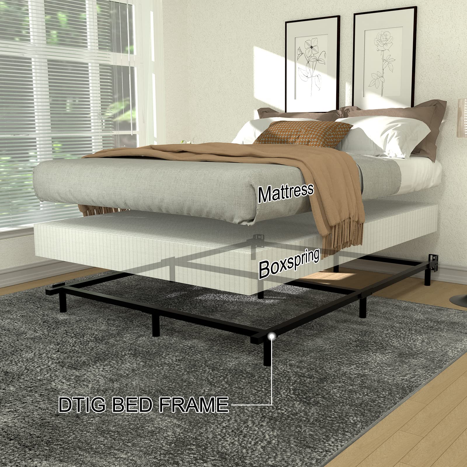 7 Inch Full Size Metal Bed Frame for Box Spring and Mattress, 9-Leg Support Box Spring Base, Easy Assembly Tool-Free Heavy Duty Bedframe Black