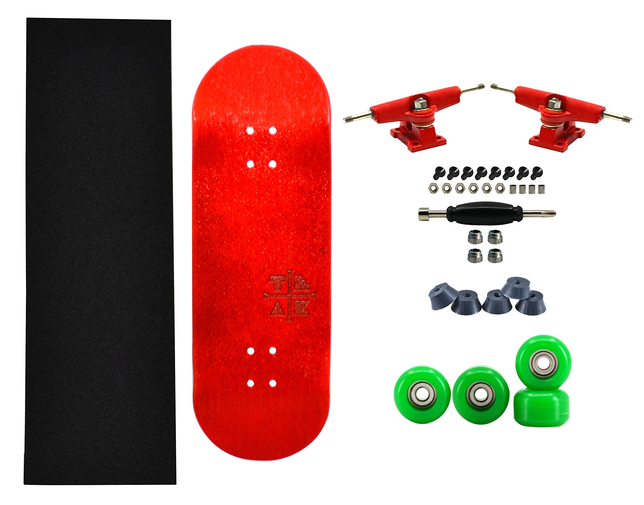 Teak Tuning Prolific Complete Fingerboard with Upgraded Components, Watermelon Edition - Pro Board Shape and Size, Bearing Wheels, Trucks, and Locknuts - 32mm x 97mm Handmade Wooden Board