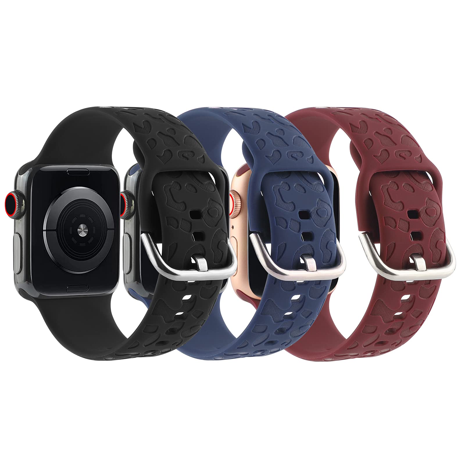 3 Pack Cheetah Engraved Strap Compatible with Apple Watch Bands 38mm 40mm 41mm,Fancy Leopard Laser Printed Soft Silicone Accessories for iWatch Series 1 2 3 4 5 6 SE 7 8 9 (Thin Black Green, 38/40/41mm)