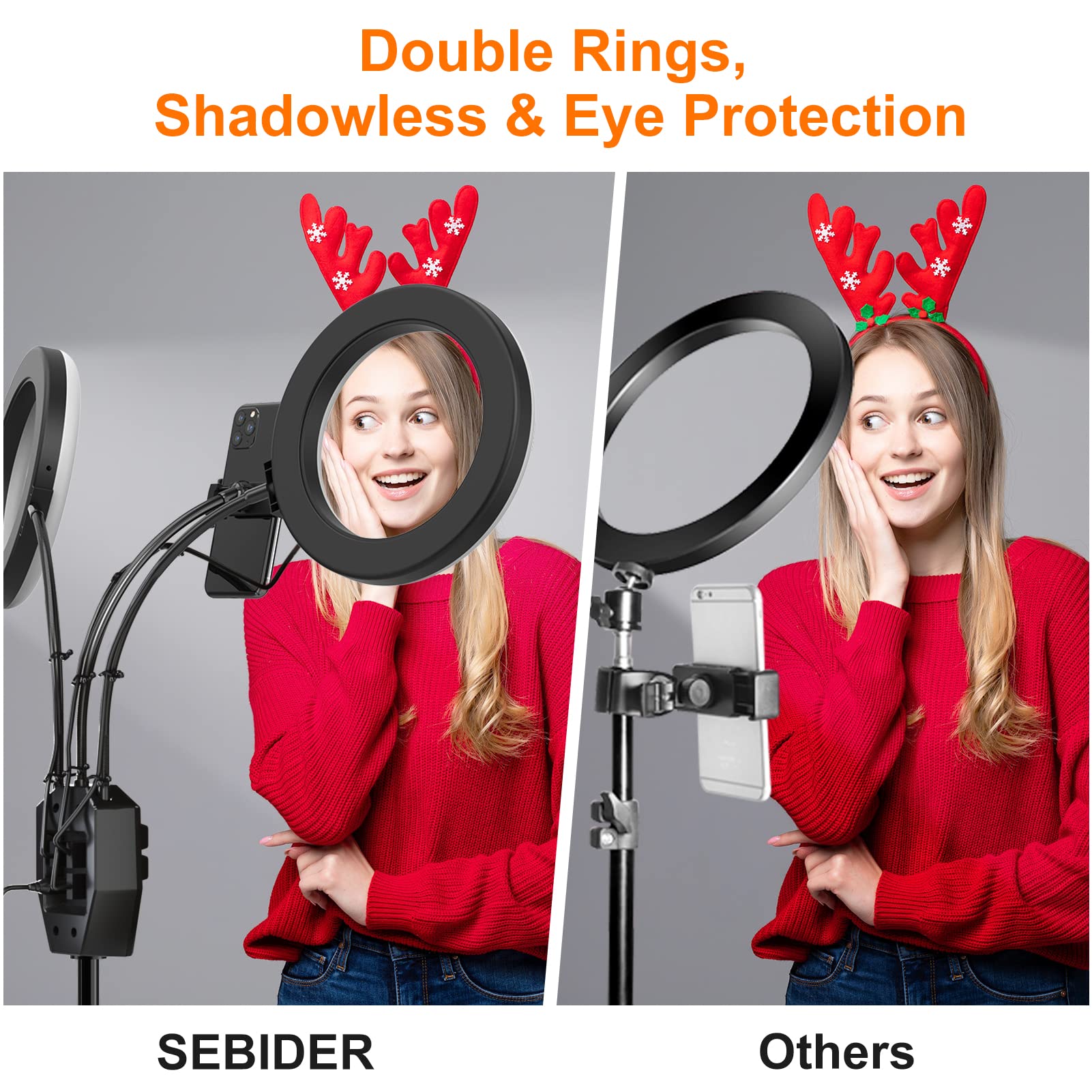 SEBIDER Dual 36W 6500K LED Ring Light with 73" Extendable Tripod Stand & Phone Holder, Portable Light Rings Used for YouTube Video/Selfie/Live Stream/Makeup/TikTok