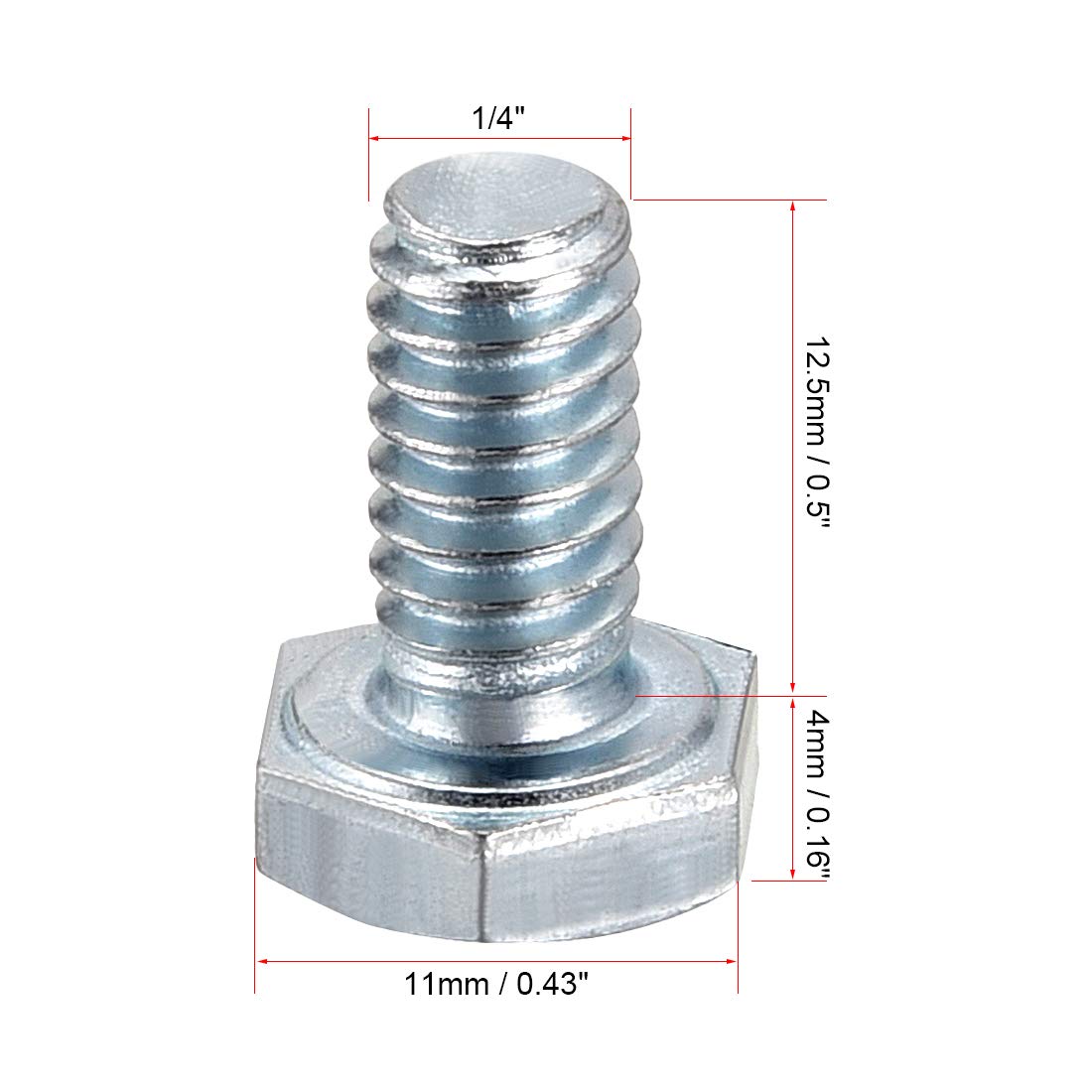 uxcell Hex Head Screw Bolts Carbon Steel 1/4"-20x1/2" Fastener Grade 5 UNC 20pcs