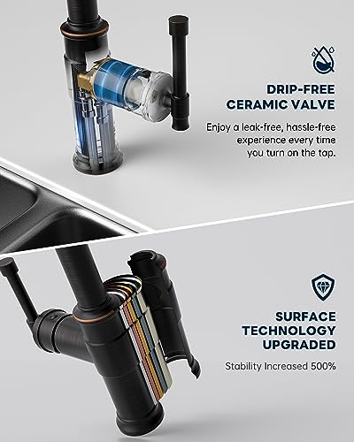 Antique Oil Rubbed Bronze Kitchen Sink Faucet with Soap Dispenser, DAYONE Pull Down Farmhouse Faucet for Sink with 3 Mode Sprayer, Single Handle High Arc, DAY-APS136-ORB