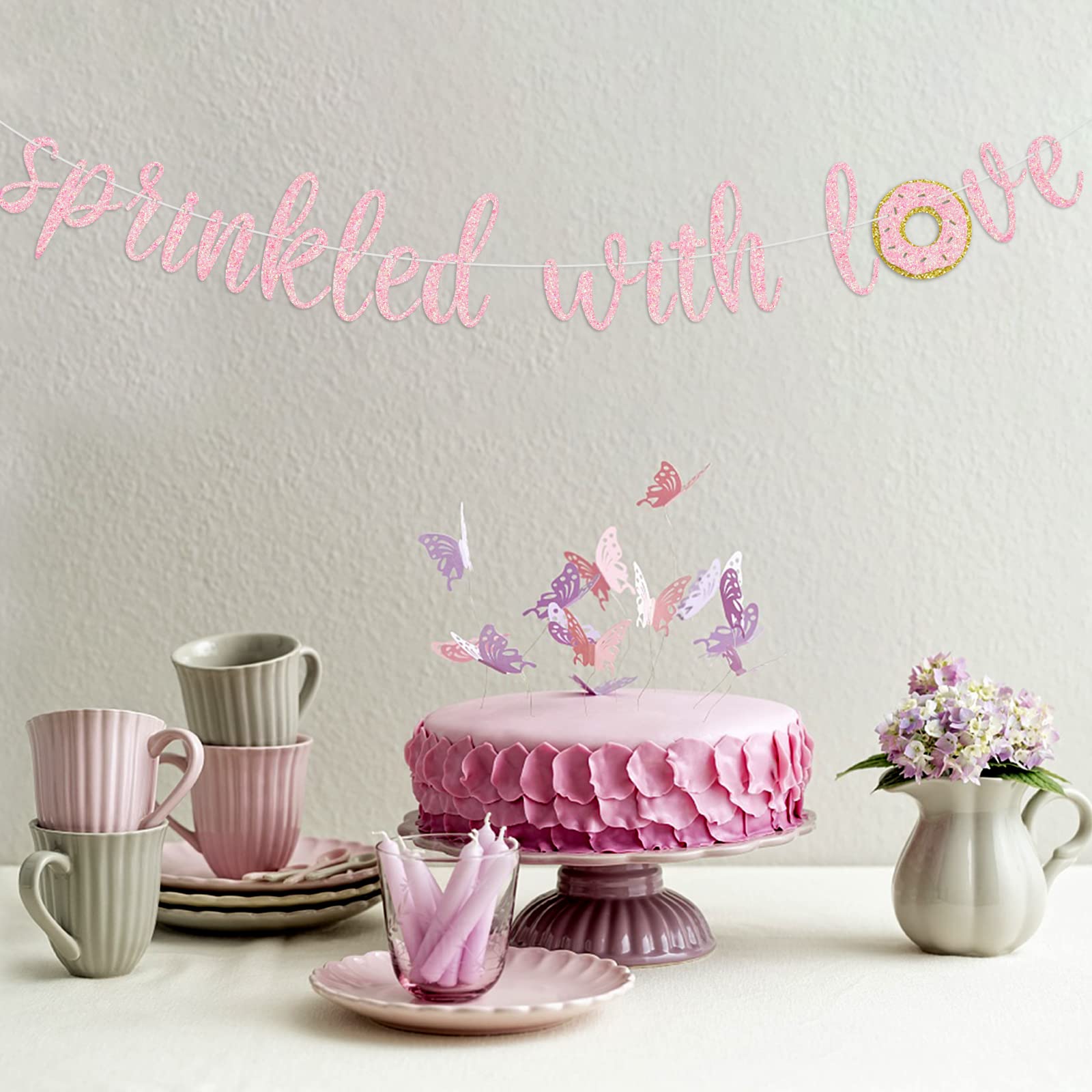 Sprinkled with Love Glitter Banner Baby Shower Sprinkle Party Decoration for Girl Pre-Strung Sign Gold (Pink)