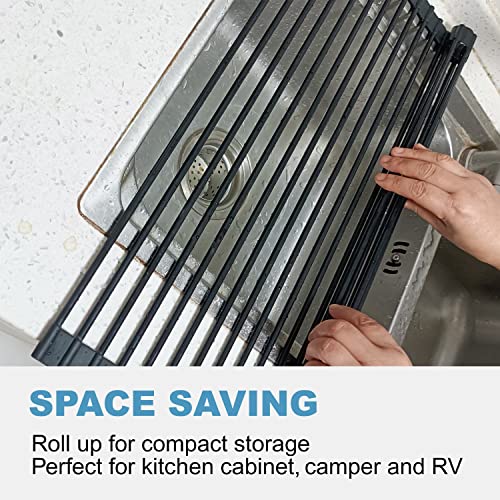 amo nenes Roll-up Dish Drying Rack, Over The Sink Kitchen Rolling Sink Rack, Multipurpose Dry Rack Dish Drainer, Stainless Steel Foldable Dish Drying Rack for Sink Counter(17.4" x 13.1")