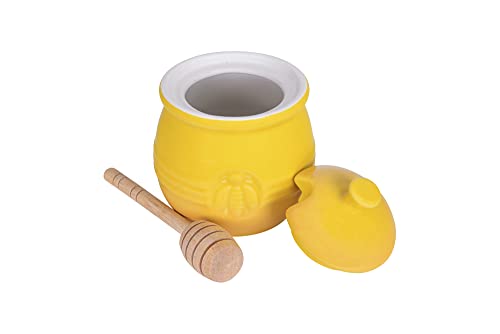 Creative Co-Op Farmhouse Embossed Stoneware Honey Pot with Wood Honey Dipper, Yellow
