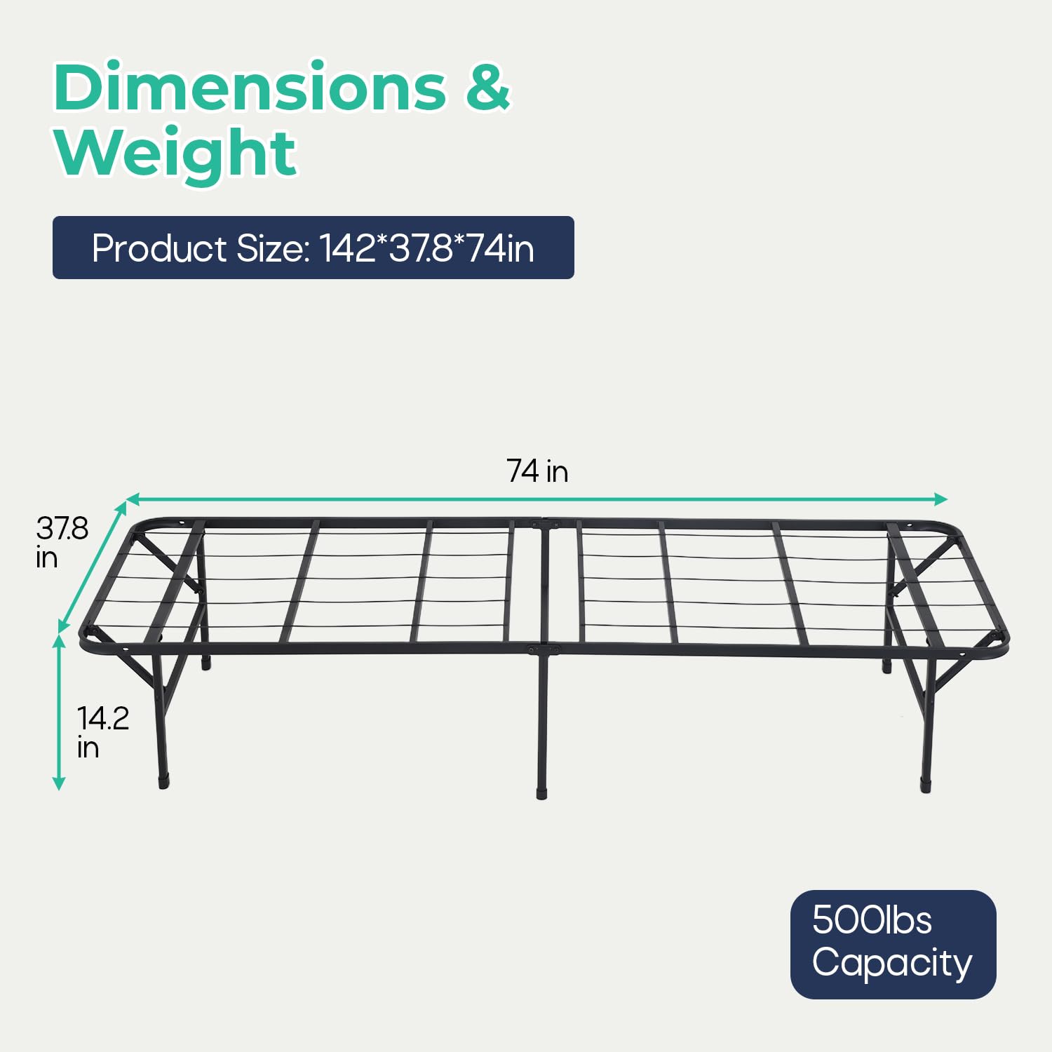 Bed Frame, Foldable Metal Platform Bed Frame Mattress Foundation Box Spring Replacement Heavy Duty Steel Slat Classic Metal for Home, Office, 14 Inch High, Black, Twin