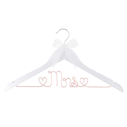 Ella Celebration Mrs Wedding Dress Hanger, Wood and Wire Hangers for Bride to be Gown (White with Rose Gold Wire)