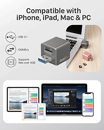 MAKTAR Qubii Pro USB-A Flash Drive, Auto Backup While Charging, MFi Certified Compatible with iPhone/iPad, Memory Stick iPad External Photo Storage for MacBook/Laptops/PC Photo Stick