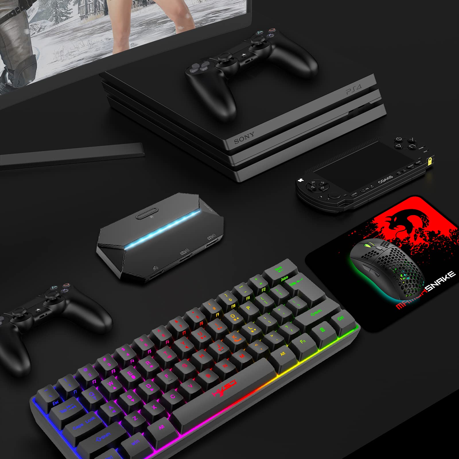 4 in 1 Wireless Gaming Keyboard Mouse and Converter with RGB Backlit Mini 61Key Ergonomic Honeycomb Shell 2.4Ghz USB Receiver Bluetooth Wired Adapter for PS4 PS3 Xbox Switch PC Mac Gamer Typist(Black)