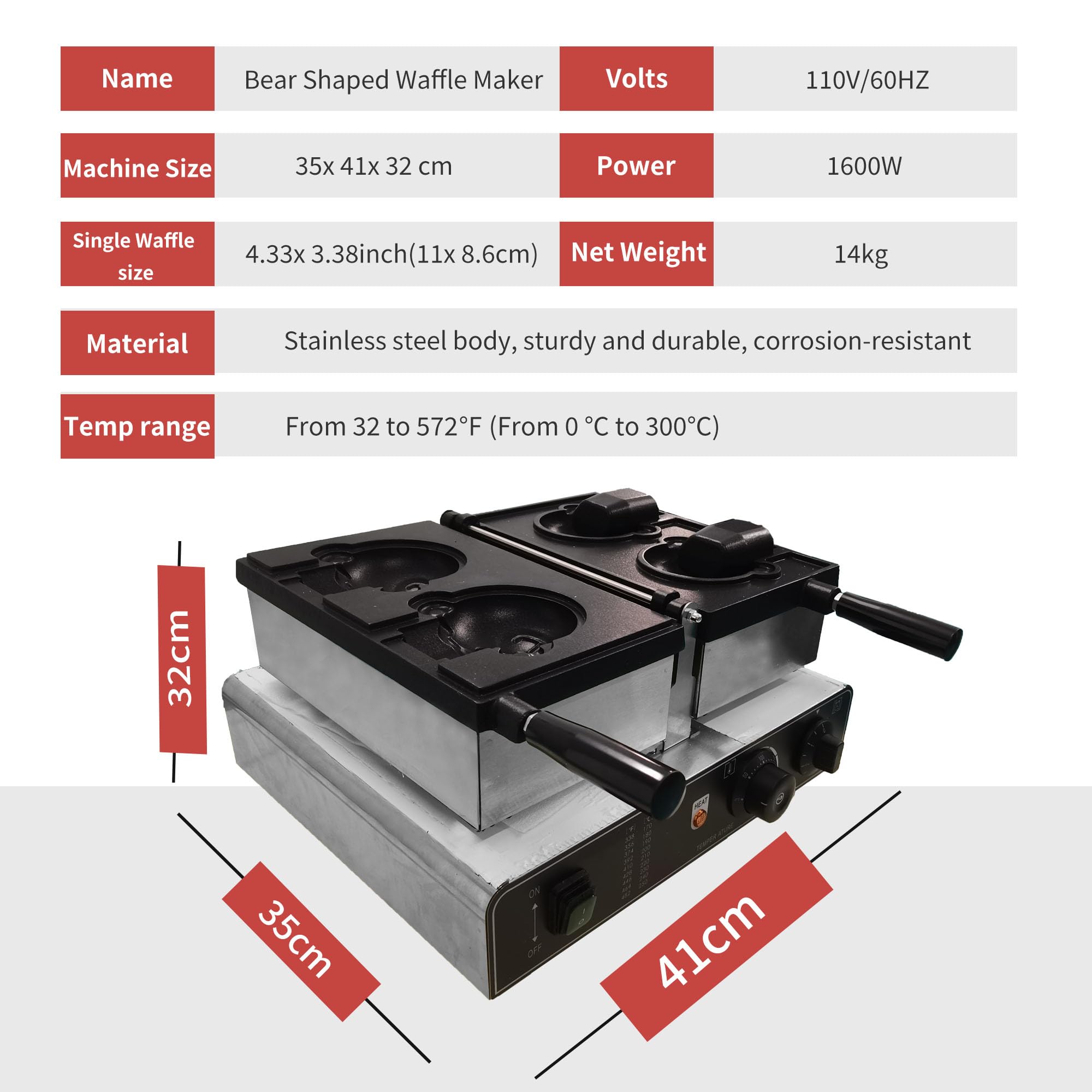 Generic Yovtekc 2PCS Open Mouth Bear Shaped Waffle Maker, Electric Ice Cream Bear Waffle Maker, Commercial Waffle Maker Machine for Restaurant Snack Bar, Non-Stick Inner 1600W 110V, 35*41*32cm