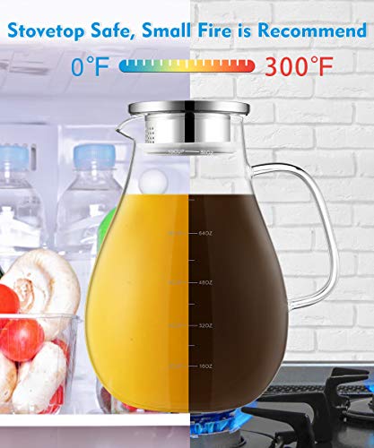 Glass Pitcher, veecom 80oz Water Pitcher with Lid, Large Glass Pitcher with Lid and Spout for Hot&Cold Beverage, Juice, Iced Tea Pitcher for Fridge, Borosilicate Glass Carafe/Jug with Brush