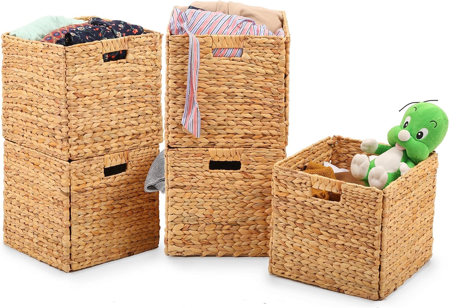CINWEN Woven Hyacinth Storage Baskets 4 Pack,Shelf Basket,Foldable Storage Basket, with Built-in Handles Home Organizing Laundry Organizer Cube Baskets,Sundries Storage Basket (Brown)