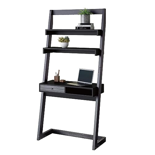 HOMES: Inside + Out Rexroad Wood Ladder Writing Desk with 1 Drawer and 3 Shelves-Versatile Kids Table, Wall-Mountable Leaning Design, Black and Distressed Gray