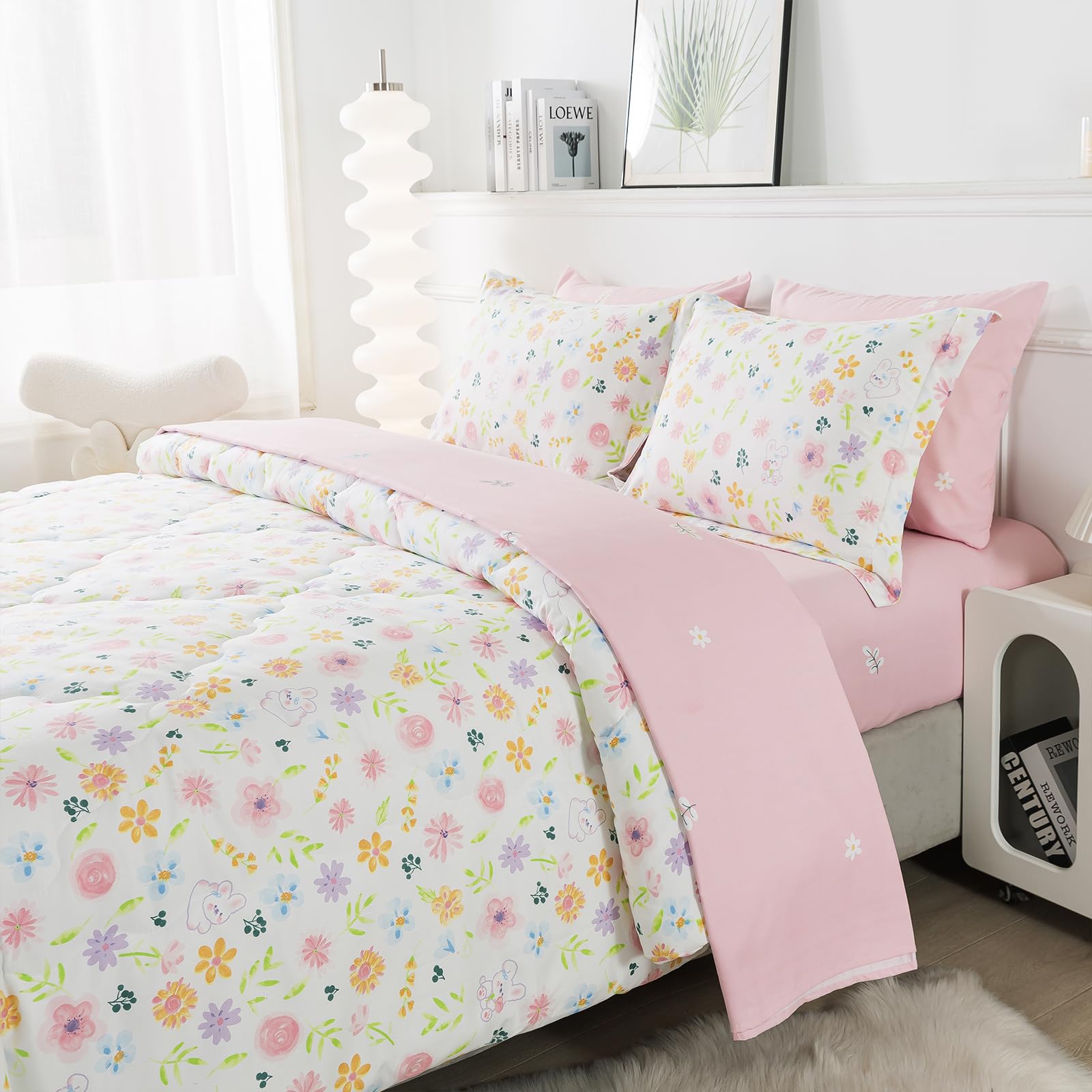 Wajade Floral Comforter Set Bed in A Bag Full Size 7 Piece Botanical Flower Green Leaves Rabbits Bedding Set for Girls (1 Comforter, 1 Flat Sheet, 1 Fitted Sheet, 2 Pillowcase and 2 Pillow Sham)