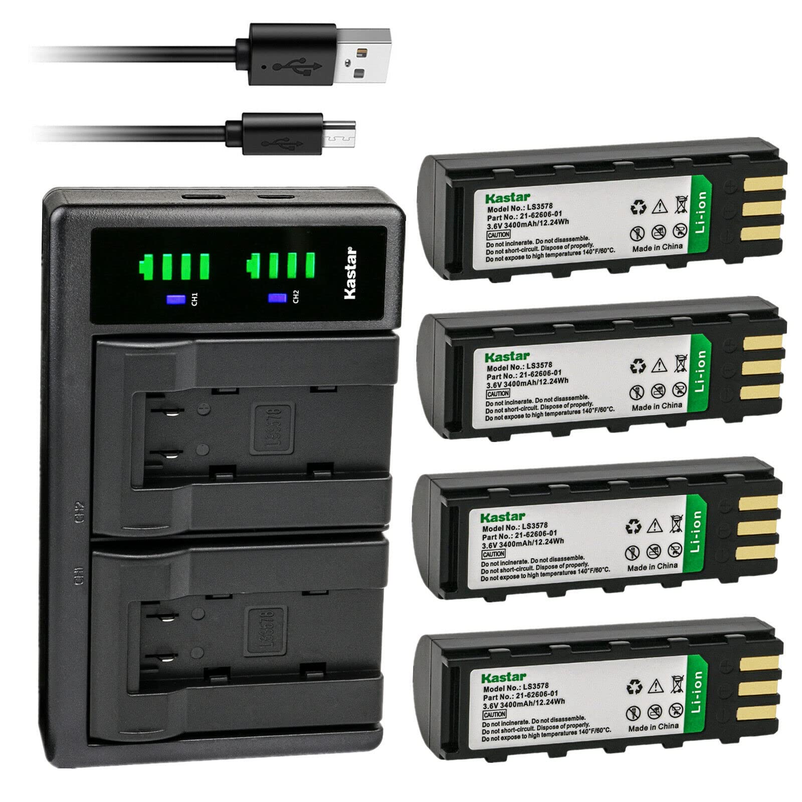 Kastar 4-Pack Battery and LTD2 USB Charger Compatible with Motorola 21-62606-01 Symbol 21-62606-01 BTRY-LS34IAB00-00 Zebra KT-BTYMT-01R HBM-LS3478 SY34L3-D Laser Scanner Battery
