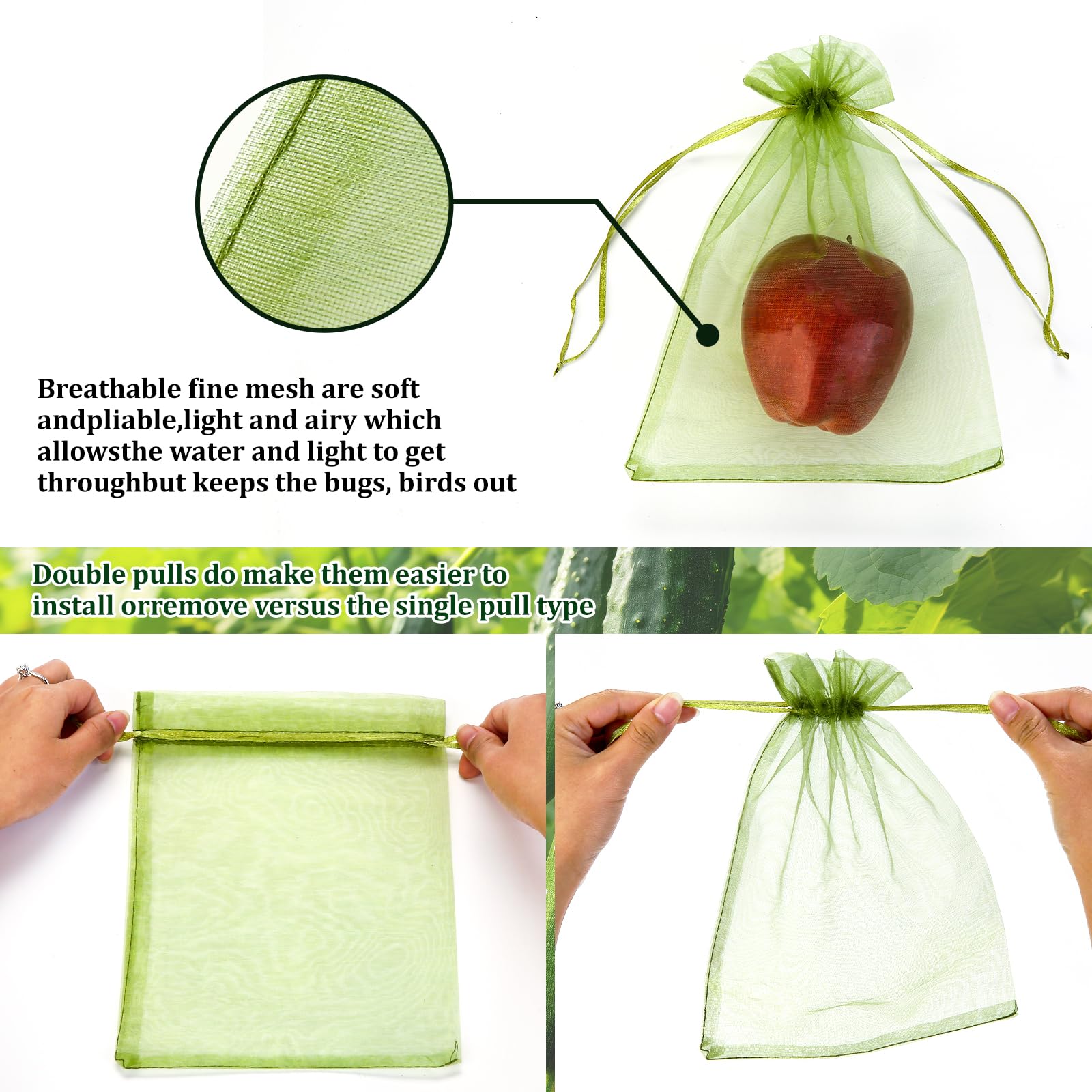 50 PCS 6X9 inches Fruit Protection Bags,Fruit Bags for Fruit Trees,Fruit Bags Protection,Green Netting Fruit Cover Bags Drawstring Mesh Fruit Protectors Pest Barrier for Fruit Trees Veggies Garden
