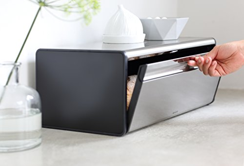 Brabantia Fall Front Bread Box - Matte Steel Fingerprint Proof with Black Sides, 299186