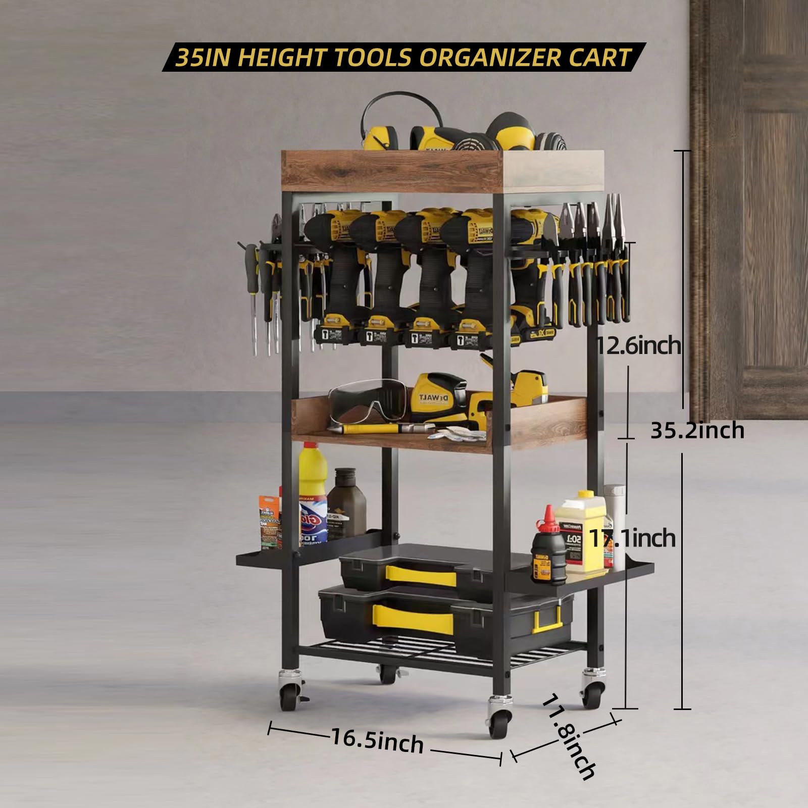 Power Tool Organizer Cart, Metal Rolling Tool Chest with Wheels, 4 Layer Garage Tool Storage Organization Shelving, Movable Drill Rack Tool Holder for Workbench, Workshop and Garage