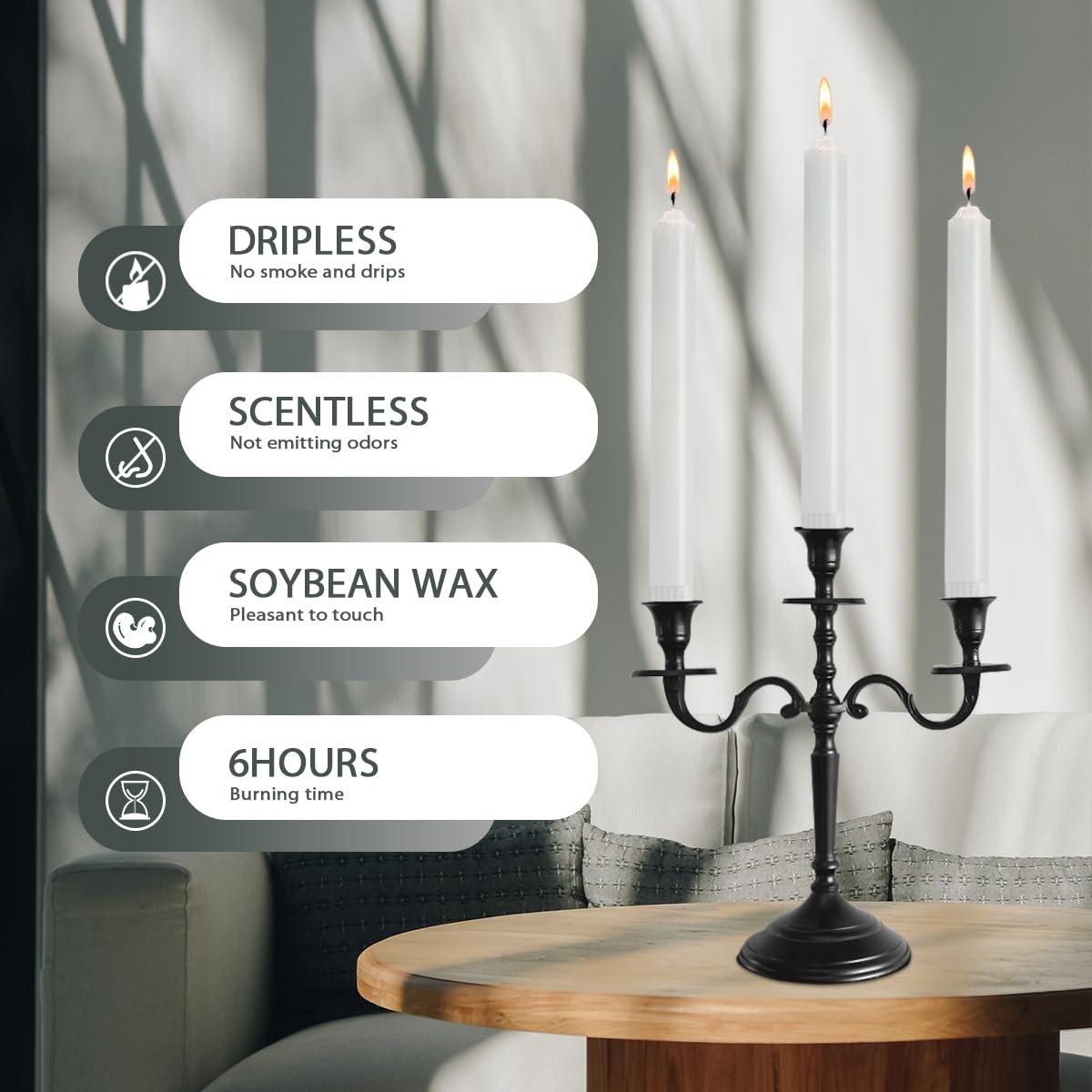 8 Pack 8 Inch Hand Poured White Dripless Taper Candles, Soy Candles, Non-Toxic, Unscented, Smokeless, for Candlesticks & Home Decor