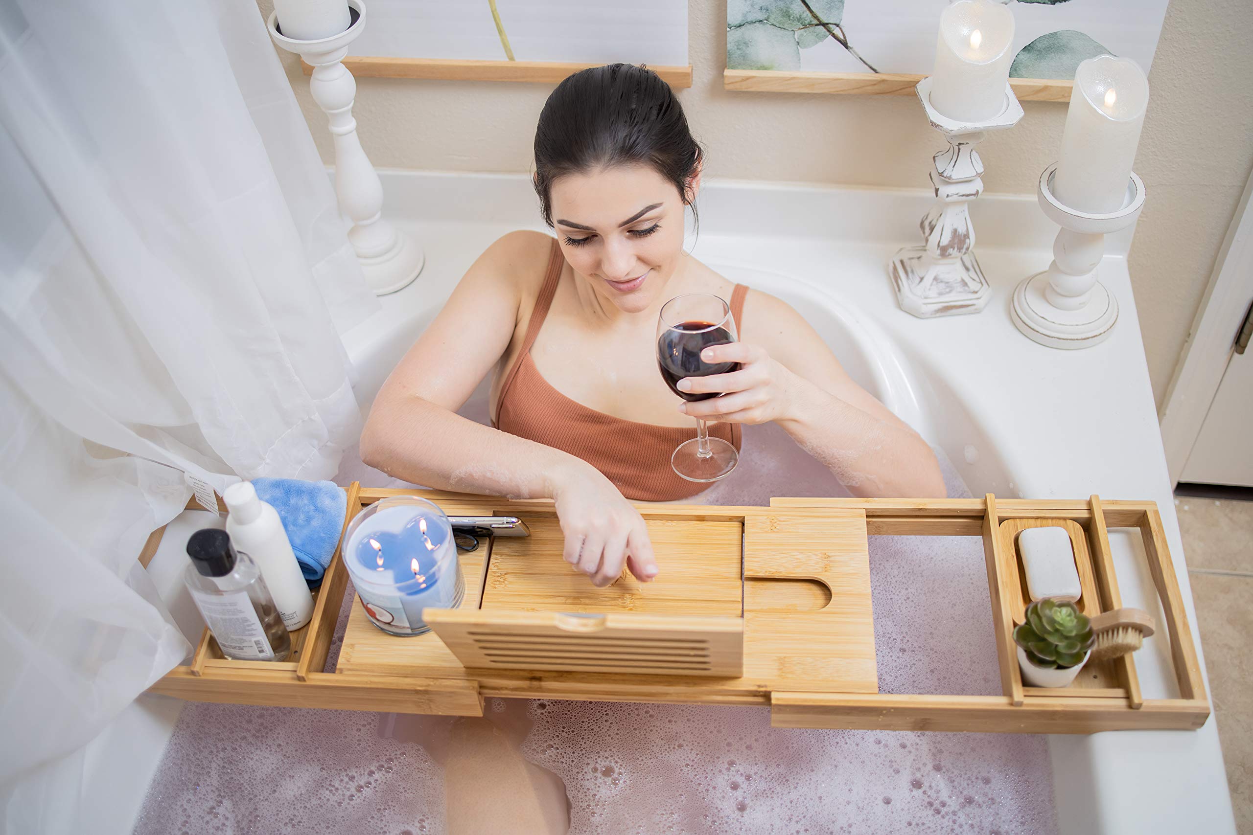 XcE Bathtub Caddy Tray Expandable to 105cm with Bamboo Book Stand and Soap Tray, Natural