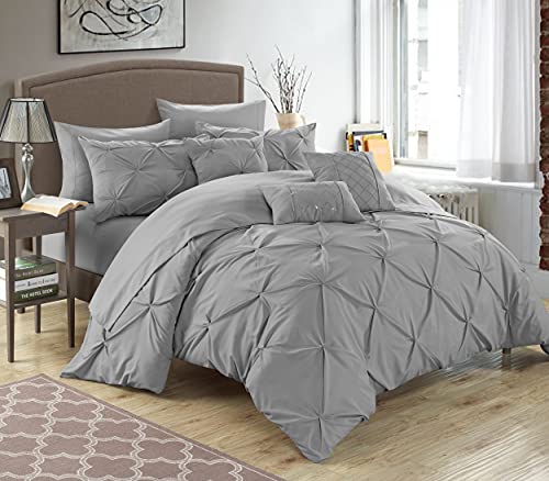 Chic Home 10 Piece Hannah Pinch Pleated, ruffled and pleated complete King Bed In a Bag Comforter Set Silver With sheet set