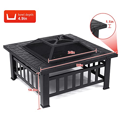 32 Inch Fire Pit Table for Outside Heavy Duty 3 in 1 Metal Square Firepit Table with Spark Screen Cover Log Grate and Poker for Outside Wood Burning and BBQ Drink Cooling