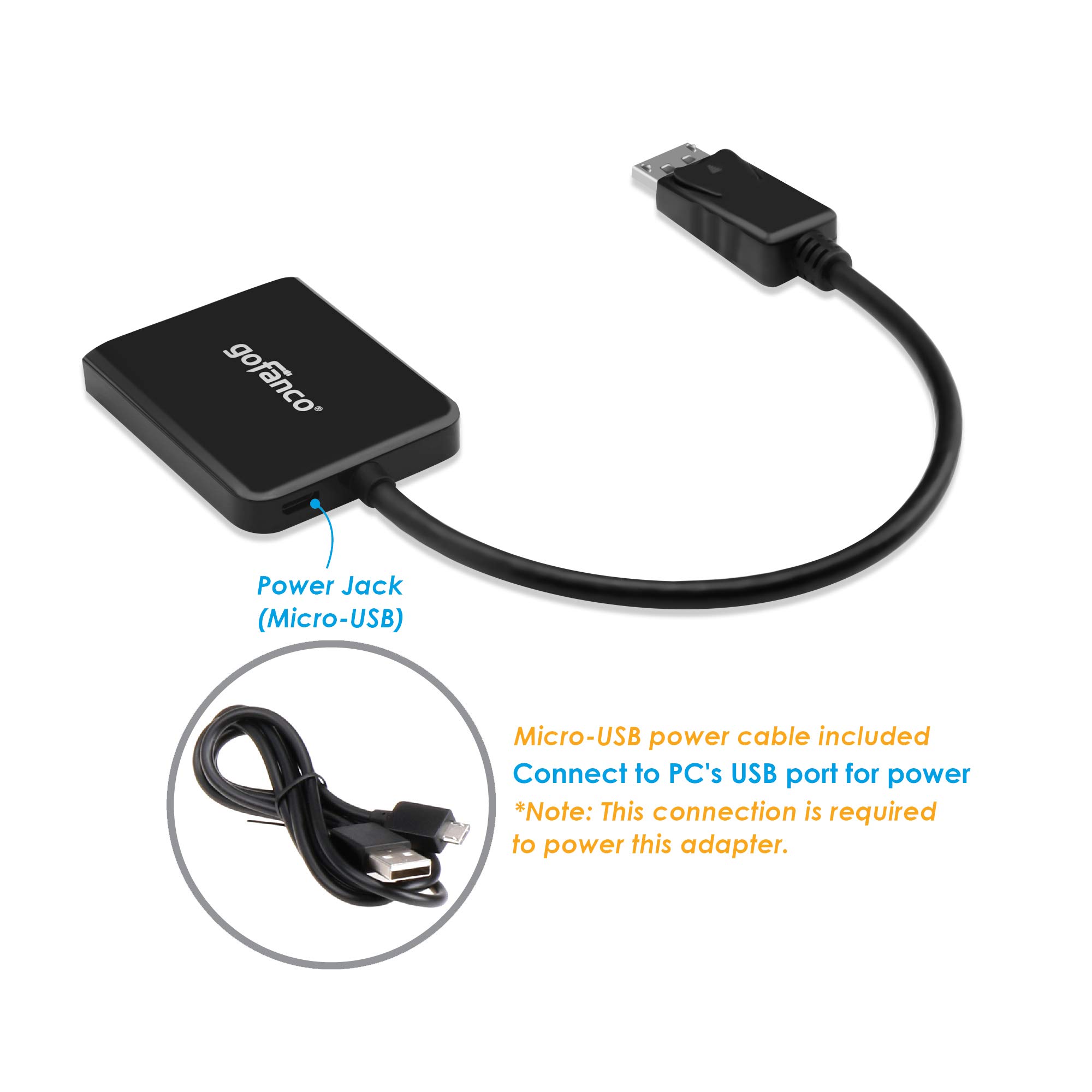 gofanco 1x2 DisplayPort 1.2 Display Splitter Adapter – DP to Dual DisplayPort MST Hub Converter, 4K @30Hz, for Windows PCs, Not Mac OS Compatible, Eyefinity Support (DPMST2DP)