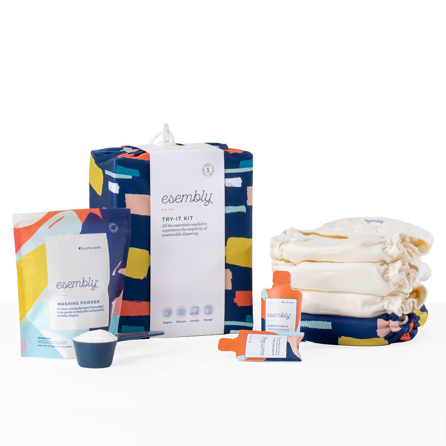 Esembly Cloth Diaper Try-It Kit (Size 1, Brushstroke) and Esembly Wipe Up Wash Kit and 12pk Wipe Ups Bundle, Organic Cotton Reusable Diaper Wipes plus Organic No-Rinse Foaming Wipes Solution
