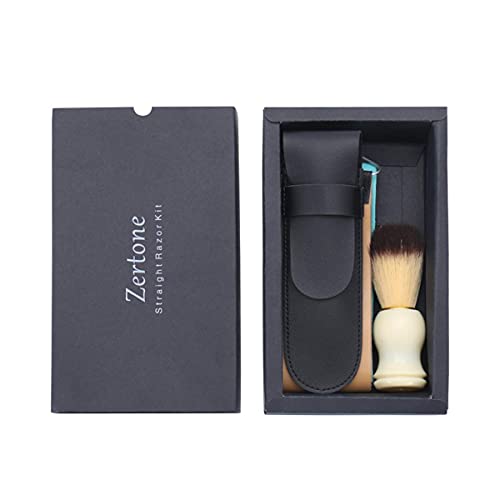Zertone Straight Razor Kit with Hair Brush and Leather Strop, Straight Edge Razor with Carbon Steel Cutthroat Blade, Barber Razor (Blue)