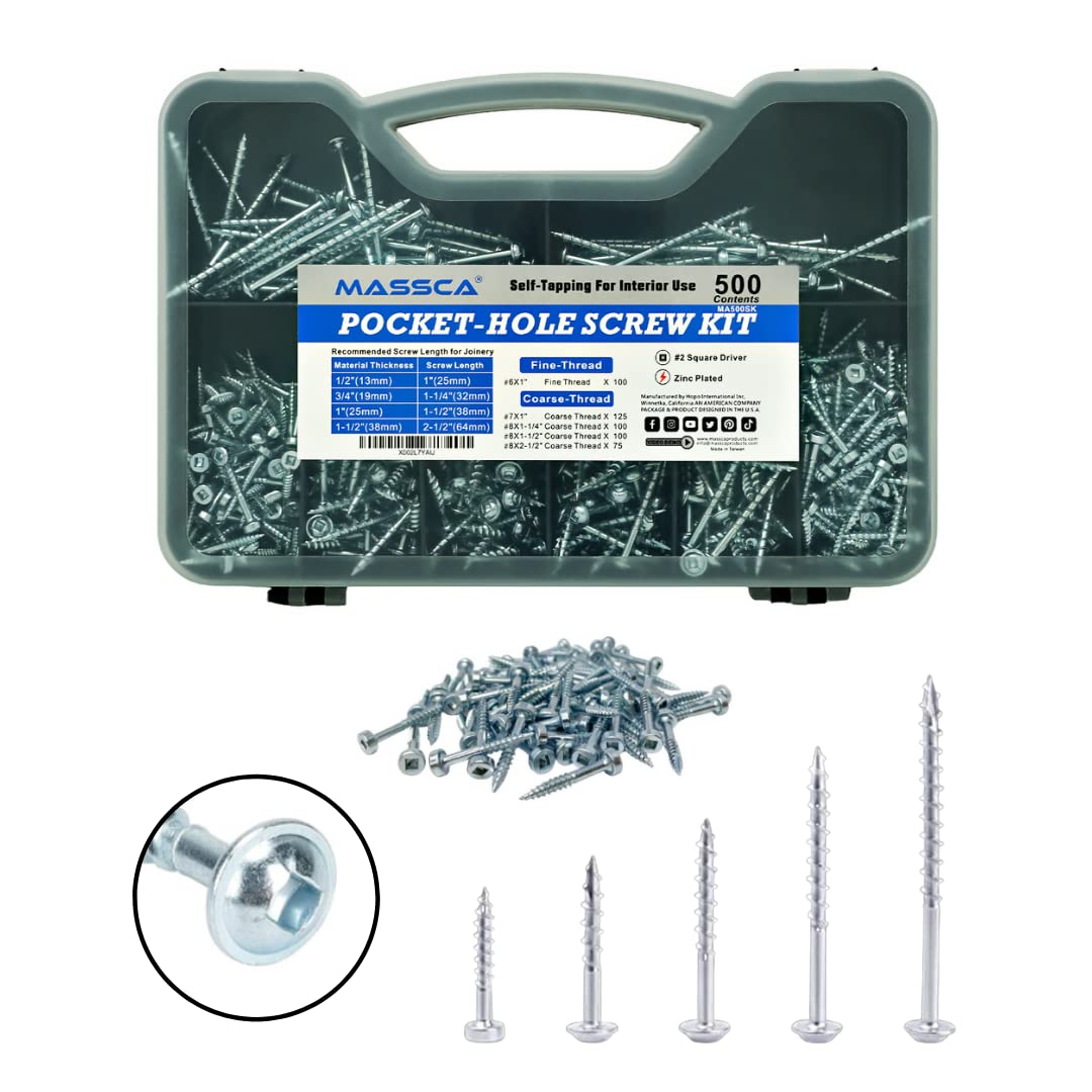 Massca Wood Screws Assortment Kit - Pocket Hole Screws with Plastic Storage Box, 500 Set Screw Assortment Kit Heavy Duty, Fine Thread, Zinc Plated Set Screws for Woodworking, Varying Lengths