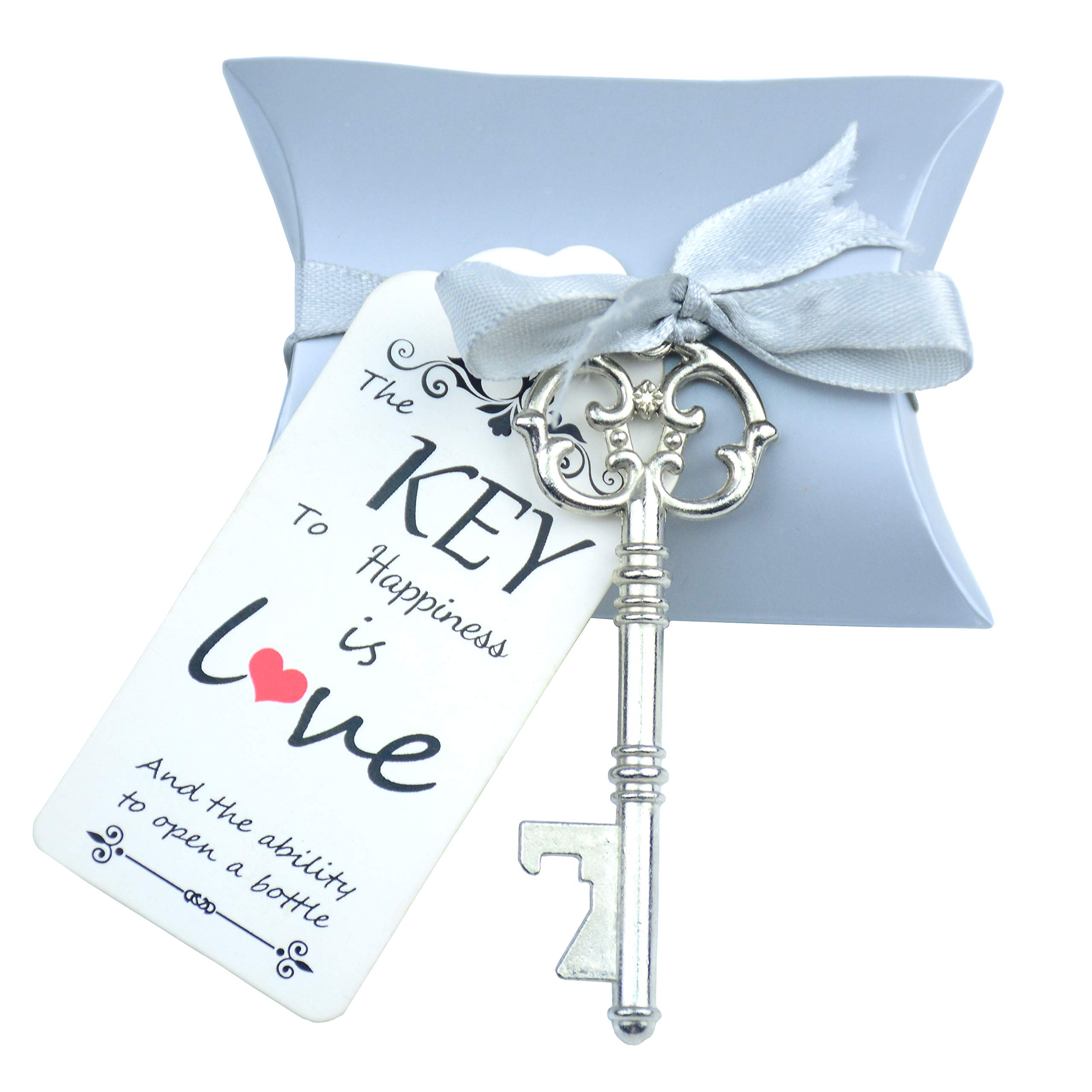 50pcs Wedding Favor Souvenir Gift Set Pillow Candy Box Vintage Skeleton Key Bottle Openers Escort Gift Card Thank You Tag French Ribbon(Antique Silver)