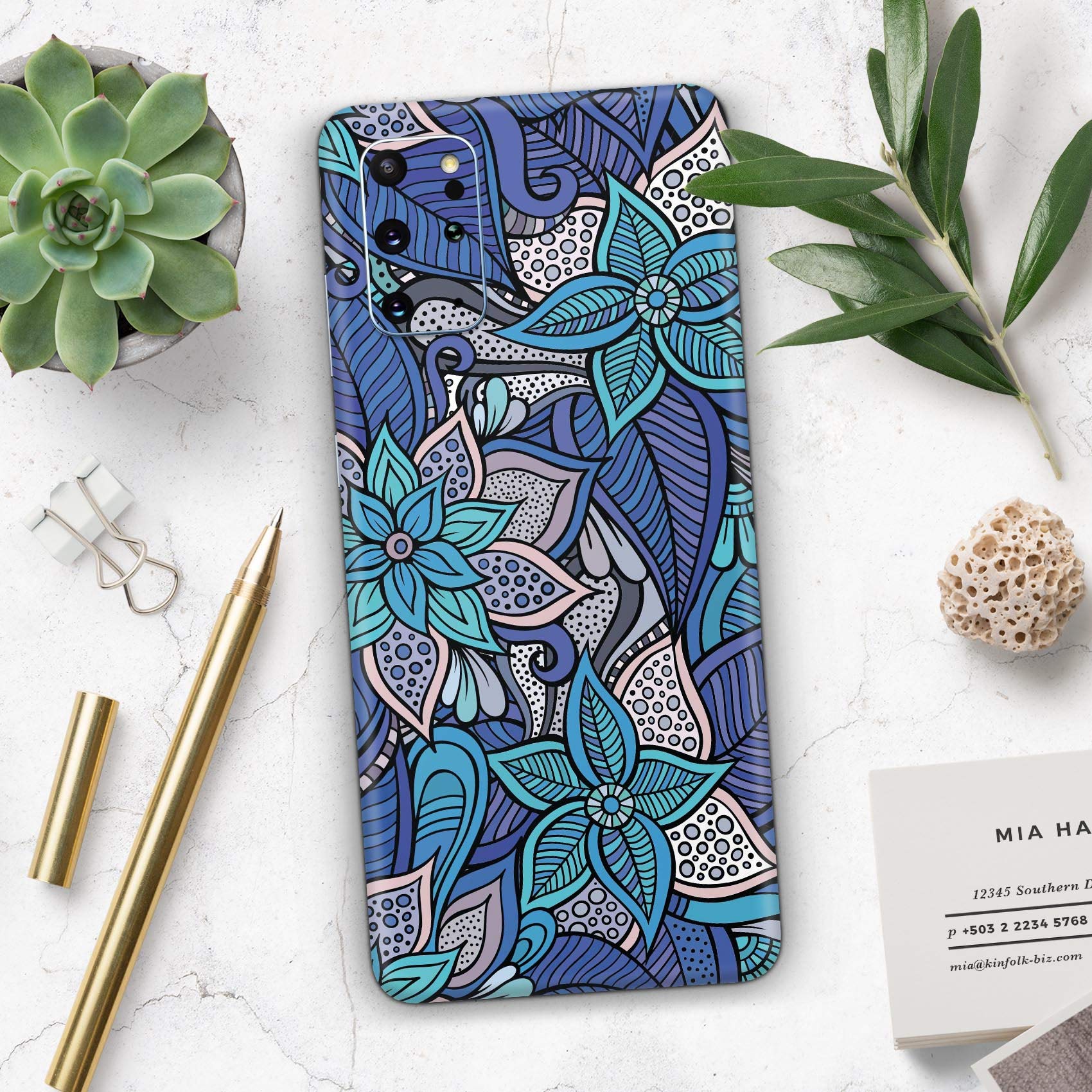 DesignSkinz Floral Blues Protective Vinyl Decal Wrap Skin Cover Compatible with The Samsung Galaxy S20 (Screen Trim & Back Glass Skin)
