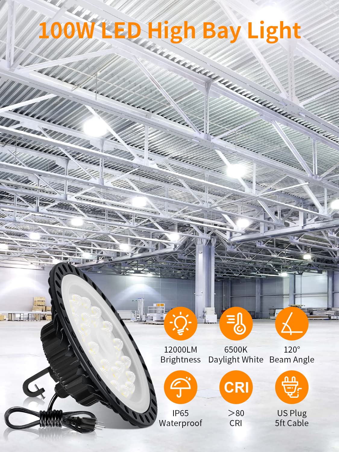 LED High Bay Light, 100W 12000LM UFO LED High Bay Lights with US Plug 5' Cable, Eqv.400W MH/HPS, 6500K Super Bright LED Shop Lights IP65 Area Light Fixture Bay Lighting for Garage Factory Workshop