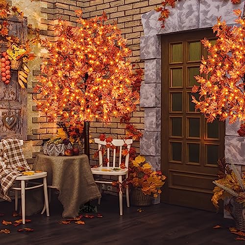 7FT 170 LED Lighted Maple Tree - Thanksgiving Decor Artificial Fall Tree with 17 Branches, 17 Acorns 340 Leaves, Remote 8 Flashing Modes, Timing, DC 5V Safe for Outdoor Wedding Party Autumn DecorâŠ