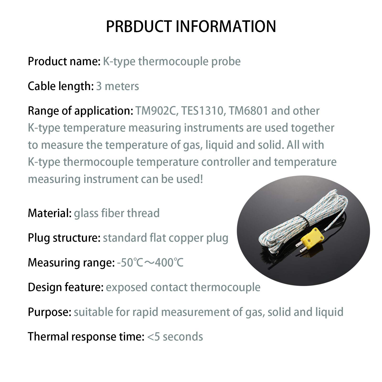 5 Pieces 3 Meters K Type Mini-Connector Thermocouple Temperature Probe Sensor K Type Thermocouple Wire Temperature Sensing Line Measure Range -50 to 400 Celsius, Compatible with TM902C/ TES1310