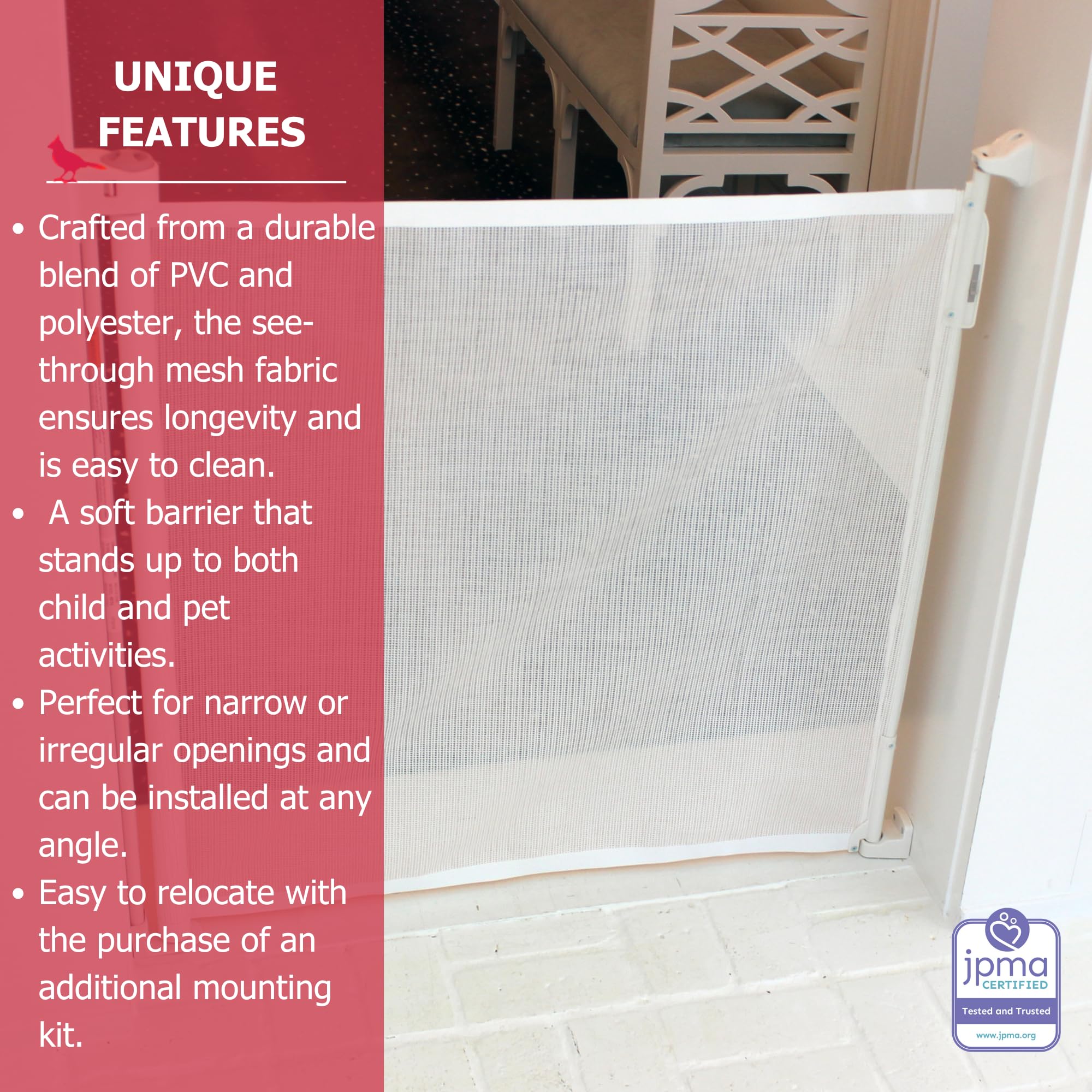 Cardinal Gates RETG Retractable Baby Gate - Mesh Retractable Dog Gate - Extends Up to 55 Inches Wide - 36 Inches Tall - White