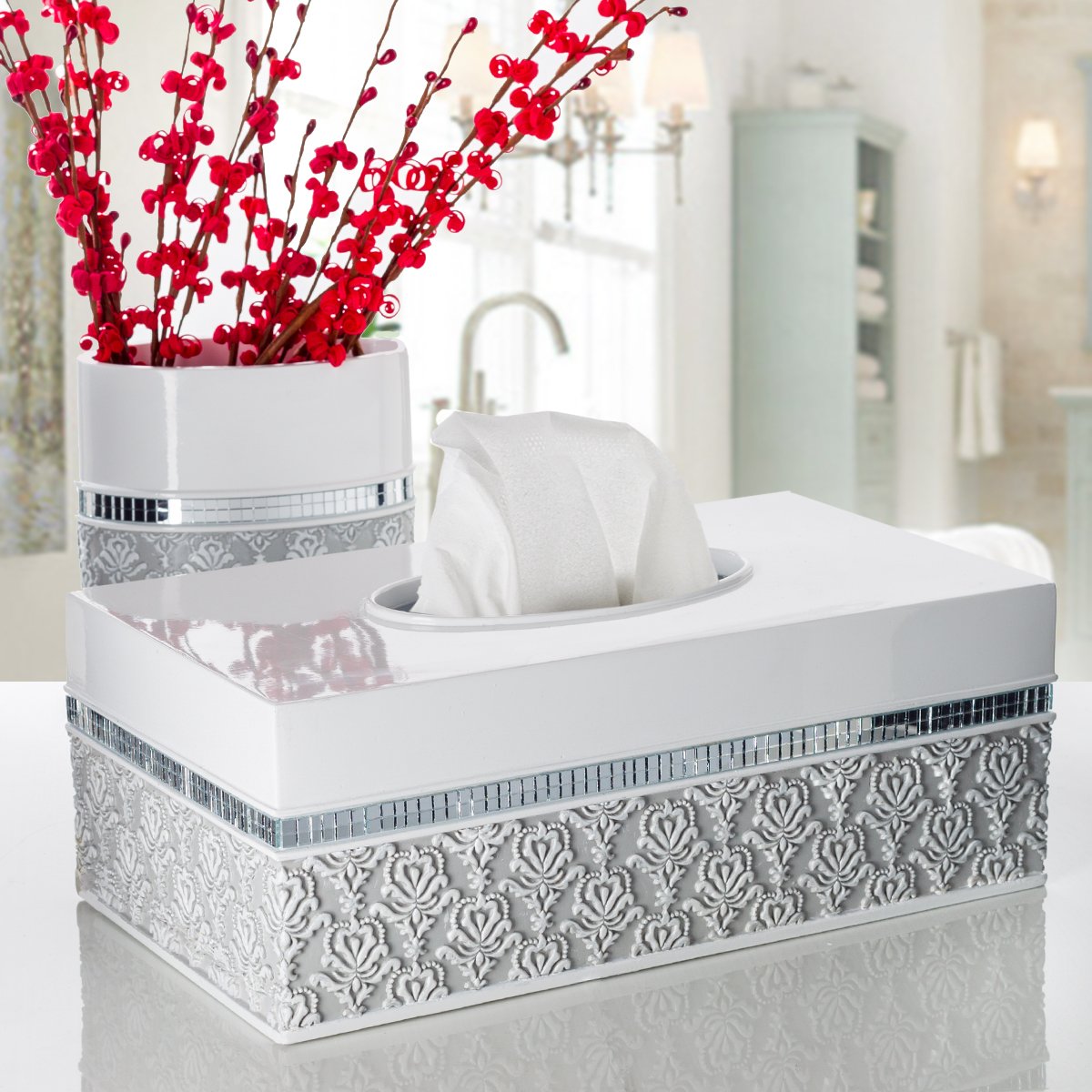 Creative Scents Bathroom Trash Can - Decorative Waste Basket for Bathroom - Durable Bathroom Wastebasket - Waste Bin for Bathroom, Powder Room Or Bedroom Mirror Damask Style (White and Gray)