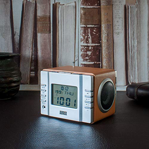 August MB300 Mini Wooden MP3 Stereo System and FM Clock Radio, with Card Reader, USB Port & AUX Jack (3.5mm Audio In), 2 x 3W Powerful Hi-Fi Speakers and Built-in Rechargeable Battery